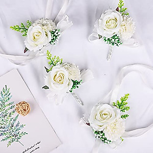 Whaline 4Pcs Wedding White Rose Boutonniere and Wristlet Set Handmade Artificial Rose Wrist Strap Corsage Silk Satin Wristband Groom Bride Boutonniere Pin for Groomsmen Wedding Prom Suit Decorations