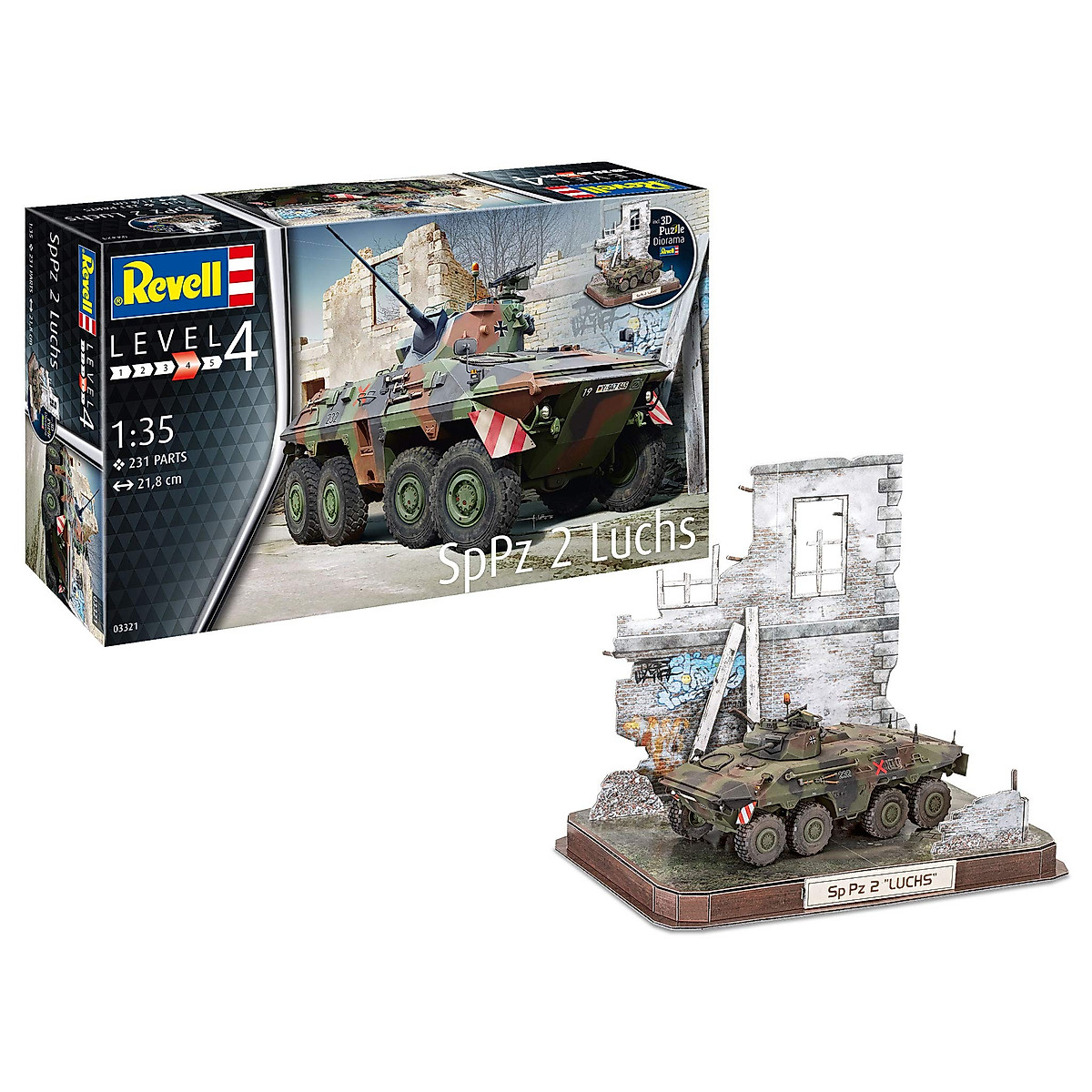 Revell RV03321 03321 SpPz2 Luchs Tank Plastic Model kit 1:32 Scale & 3D Puzzle Diorama, Unpainted