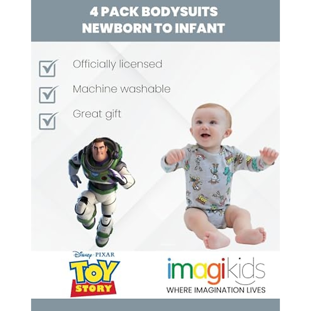 Disney Pixar Toy Story Alien Bullseye Rex Jessie Infant Baby Boys 4 Pack Bodysuits White/Gray/Blue/Black 12 Months