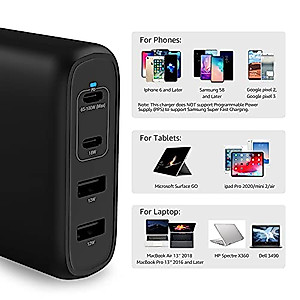 Amazon Basics 100W Four-Port GaN Wall Charger with 2 USB-C Ports(65W+18W)&USB-A Ports (17W) with Power Delivery PD for Laptops,Tablets & Phones (iPhone14/13/12/11/X,iPad,MacPro,Samsung)Black (non-PPS)