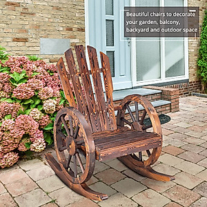 COOBL Log Rocking Chair,Solid Wood High Back Rocker with Wheel Armrest,All Weather Resistant Porch Rocker for Lawn Garden Backyard Patio