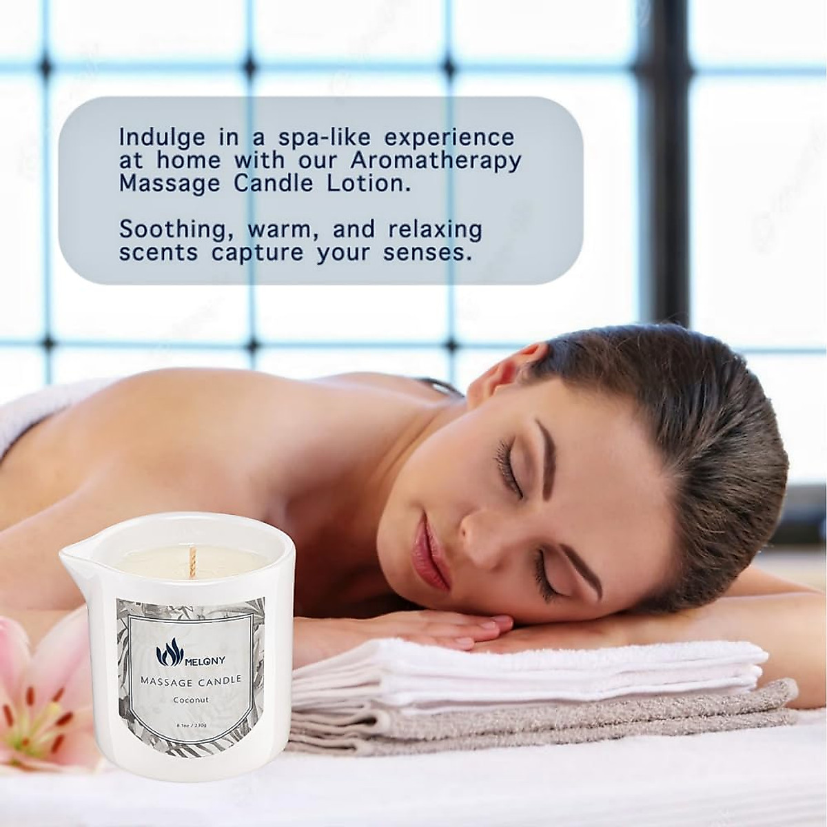 MELONY Soy Massage Oil Candle | Coconut | 8.1OZ / 230G | Perfect Intensive Skin Treatment Candle | Nourishing with Almond Oil, Shea Butter & Cocoa Butter | Massage & Moisturise
