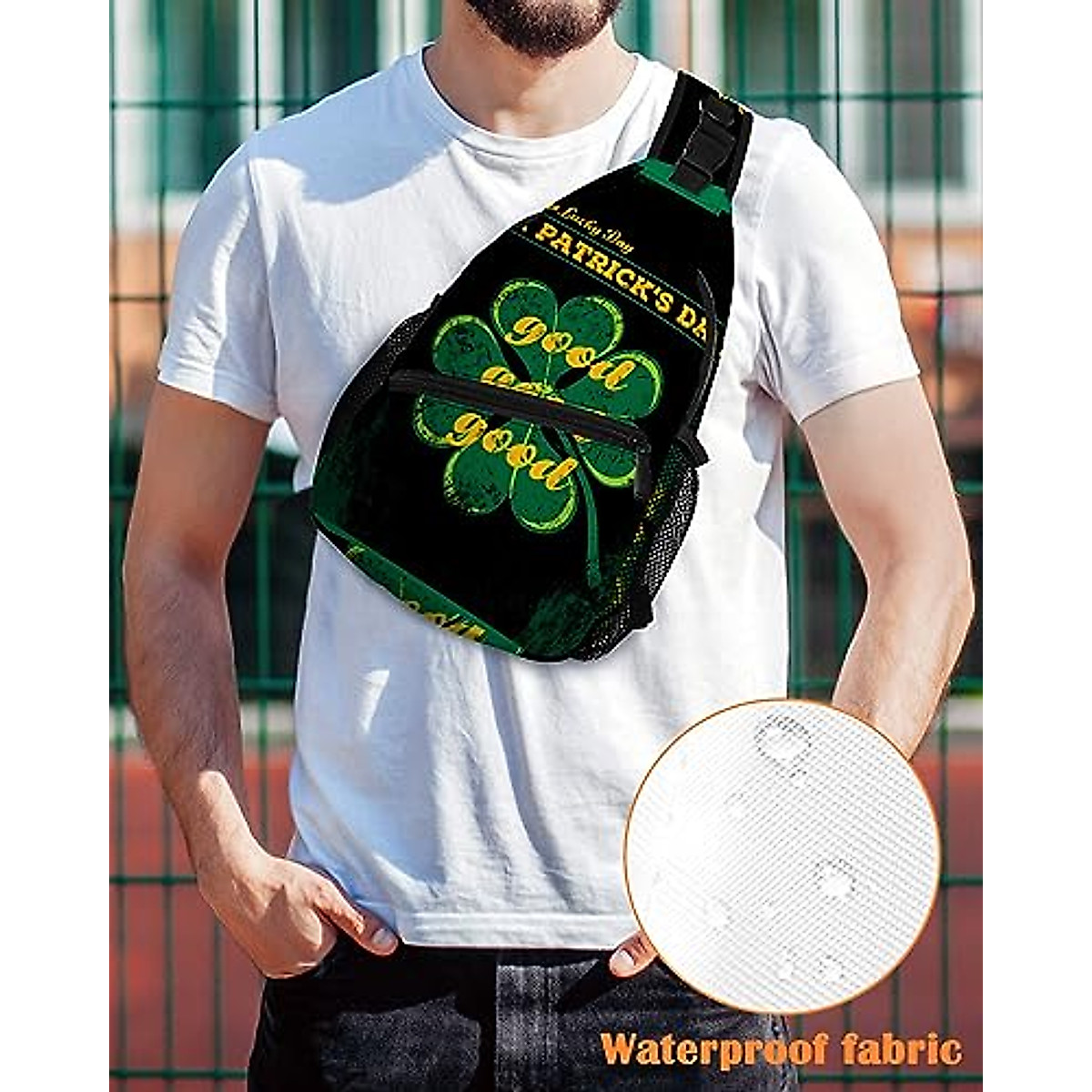 Sling Backpack, Saint Patrick's Day Shamrocks and Love Hearts Vintage Green Background Waterproof Lightweight Small Sling Bag, Travel Chest Bag Crossbody Shoulder Bag Hiking Daypack for Women Men