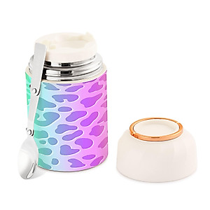 CUPADA Rainbow Leopard Skin Food Jar for Hot and Cold, Insulated Food Jars Vacuum 17OZ with Folding Spoon for Work Trip Picnic Camping