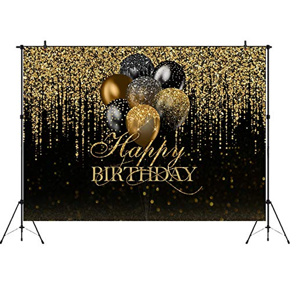 Aperturee 7x5ft Happy Birthday Backdrop Glitter Black and Gold Bokeh Balloons Golden Sparkle Sequin Spots Photography Background Adult Women Girl Banner Party Decoration Photo Booth Studio Cake Table
