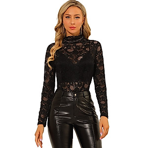 Allegra K Women's See Through Long Sleeve Turtleneck Sheer Floral Lace Blouse Top X-Large Black