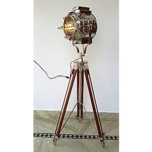 Maritime Nautical Studio Chrome Floor Lamp Searchlight Wooden Tripod Spotlight Floor Lamp For Decorative By , Brown & Silver, 45 Inch