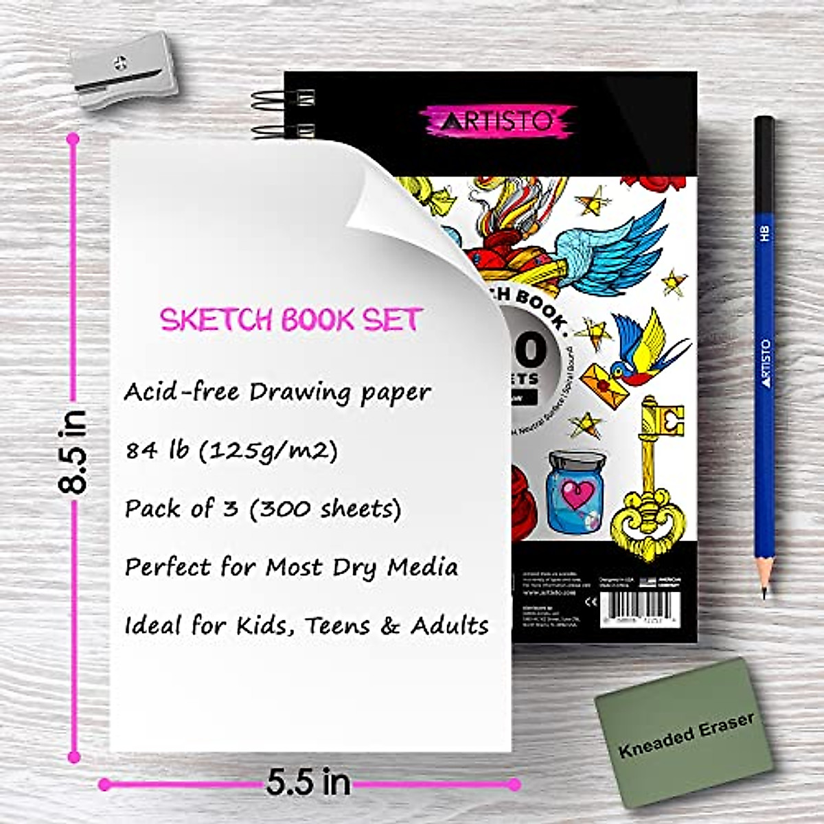 Artisto 5.5X8.5” Premium Sketch Book Set, Pack of 3 (300 Sheets), 84lb (125g/m2), Spiral Bound, Acid-Free Drawing Paper, Perfect for Most Dry Media, Ideal for Kids, Teens & Adults.