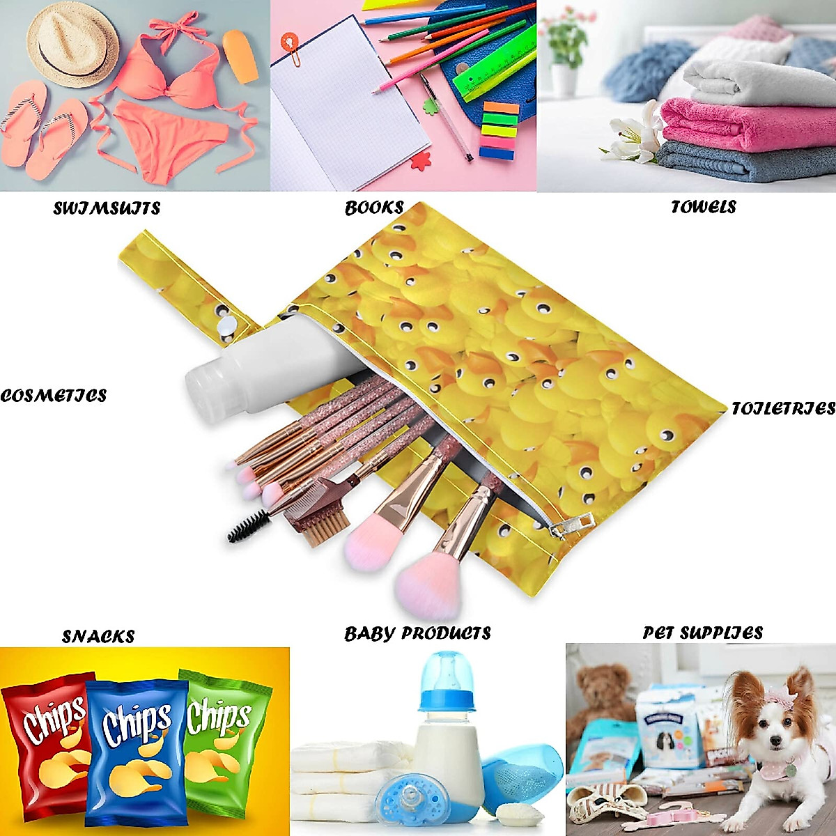 visesunny Yellow Duck Toy 2Pcs Wet Bag with Zippered Pockets Washable Reusable Roomy Diaper Bag for Travel,Beach,Daycare,Stroller,Diapers,Dirty Gym Clothes,Wet Swimsuits,Toiletries