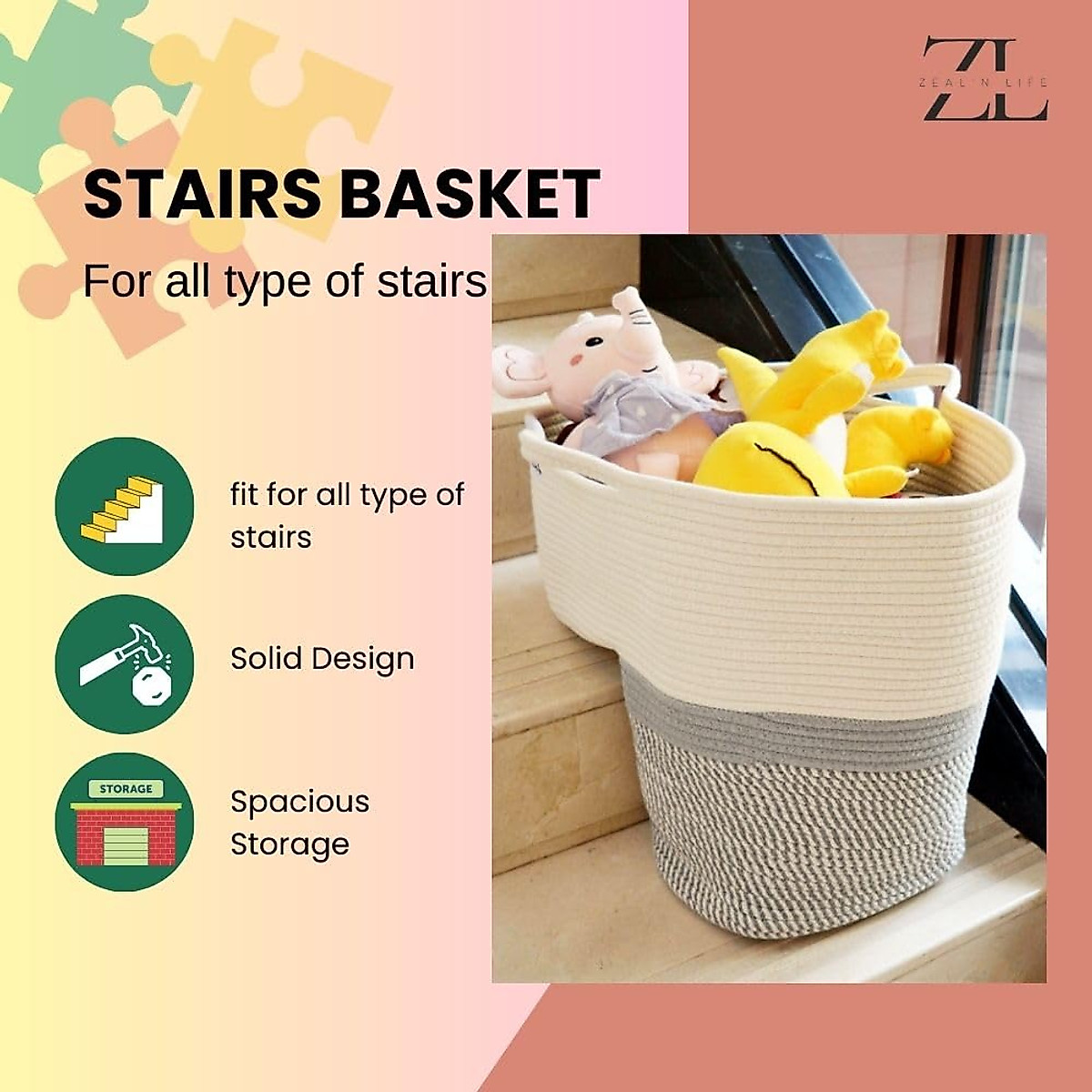 Rope Stair Basket for Carpeted and Wooden Stairs - Rope Basket with Handles - Cotton Rope Storage Basket - Collapsible Basket for Stairs With Felt Sheet Internal Support (Large, Cotton Rope Brown)