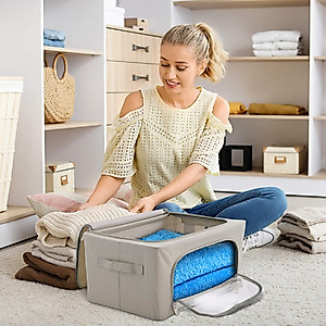 Asani Foldable Storage Bin Boxes with Clear Window, Decorative Bedroom Closet Organizer for Clothes, Bedsheet, Blanket, Reinforced Carry Handles, Double Study Zipper, Fabric, 15.75" L X 12" W X 8" H