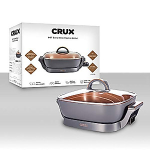 Crux Extra Deep Nonstick Scratch Resistant Electric Skillet with Removeable Temperature Probe, 12" x 12", silver (14620)