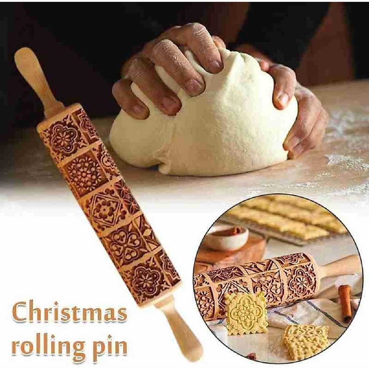 Rolling Pins for Baking, Christmas Wooden Rolling Pin, Deep Engraved Embossing Rolling Pin Kitchen Decor Tools for Baking Embossed Cookies