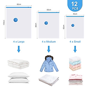 Vacuum Storage Bags for Clothes, 12 Pack Vacuum Sealer Bags Clothes Blankets 4 Jumbo +4 Large + 4 Medium Bolsas Para Guardar Rropa Cobijas with Travel Hand Pump and Laundry Bag