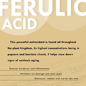 Ferulic Acid Powder Pure 99% Pure Cosmetic Grade Powder Pure Natural Antioxidant, Anti-Aging, DIY Skincare (1 Oz/ 28 Grams)