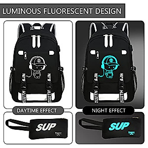 XIASUAR Luminous Pattern Travel Laptop Backpack - Adjustable Shoulder Strap Waterproof Black Backpack With Usb Charging Port & Headphone Port School Backpack Includes Pencil Bag,combination Lock