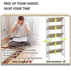 4NM No-Assembly 5 Tiers Folding Bookshelf Storage Shelves Vintage Bookcase Standing Racks Study Organizer Home Office - Natural and White