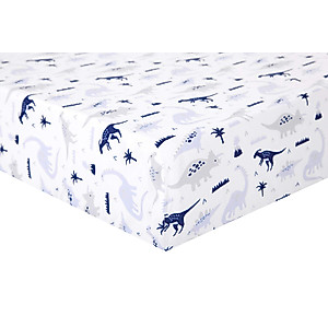 Little Grape Land 3 Piece Baby Crib Bedding Set, Dinosaur Standard Size Crib Set, Nursery Bedding for Boys, Crib Sheet, Comforter, Crib Skirt, 28" x 52", Blue/Grey