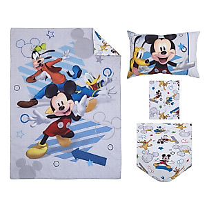 Disney Mickey Mouse Clubhouse Buddies Multi Colored Goofy, Pluto, and Donald Duck 4 Piece Toddler Bed Set - Comforter, Fitted Bottom Sheet, Flat Top Sheet, and Reversible Pillowcase