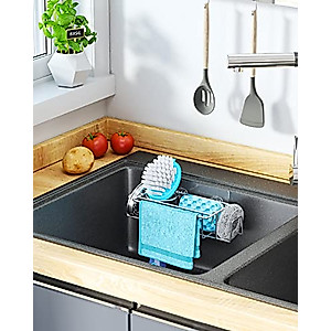 SWTYMIKI 5 in 1 Sink Sponge Holder for Kitchen, Stainless Steel Sink Caddy with Dishcloth Holder for Brush & Sponge in Kitchen Sink Sponge Organizer with 2 Strong Adhesives in Black