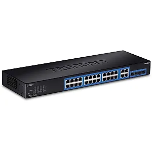 TRENDnet 28-Port Gigabit Web Smart Switch, 24 x Gigabit Ports, 4 x Shared Gigabit Ports (RJ-45/SFP), VLAN, QoS, LACP, IPv6, 56Gbps Switching Capacity, Lifetime Protection, TEG-284WS,Black