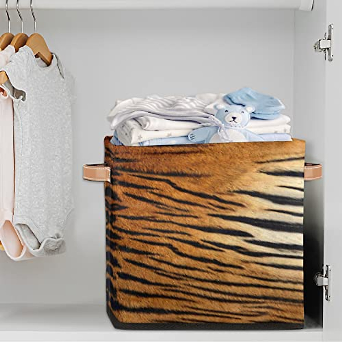 Animal Tiger Skin Print Storage Basket Bins for Organizing Pantry/Shelves/Office/Girls Room, Zebra Print Storage Cube Box with Handles Collapsible Toys Organizer 13x13