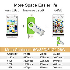leizhan Thumb Drive 64 gb High Speed USB Flash Drive 3.0 for Samsung Galaxy S7/S6/S5/S4/S3/Note5/4/3/2/A7, Micro-USB 3.0 Memory Stick, Green