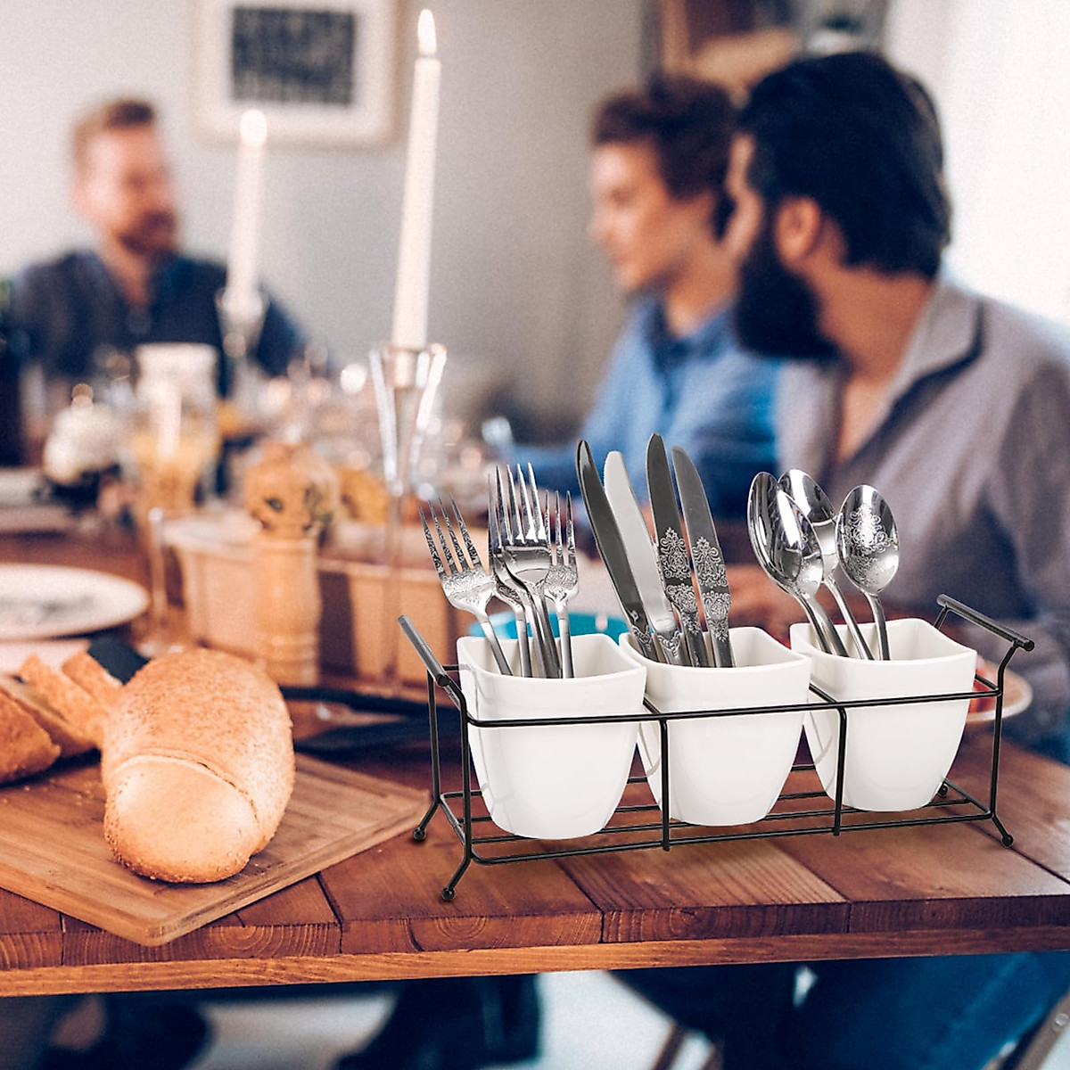 Bekith 3-Piece Ceramic Flatware Caddy with Metal Rack, Utensil Holder Silverware Caddy Cutlery Organizer, White
