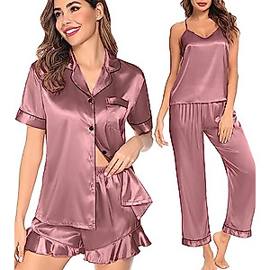 SWOMOG Womens 4 Piece Satin Pajamas Silk Short Sleeve Pj Sets Long Bottoms V Neck Cami Ruffle Shorts Pajama Pants Bridal Pjs Misty Rose