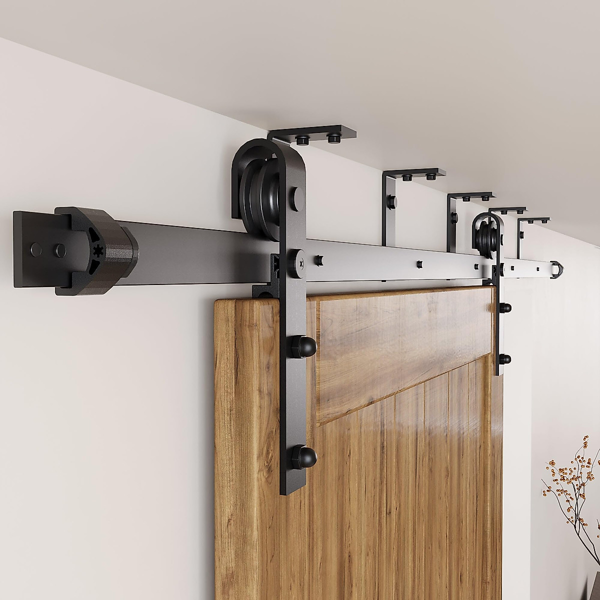 Homacer Black Rustic Ceiling Mount Non-Bypass Sliding Barn Door Hardware Kit, for One/Single Door, 7ft Long Flat Track, Interior Use Only (Doors are not Included)