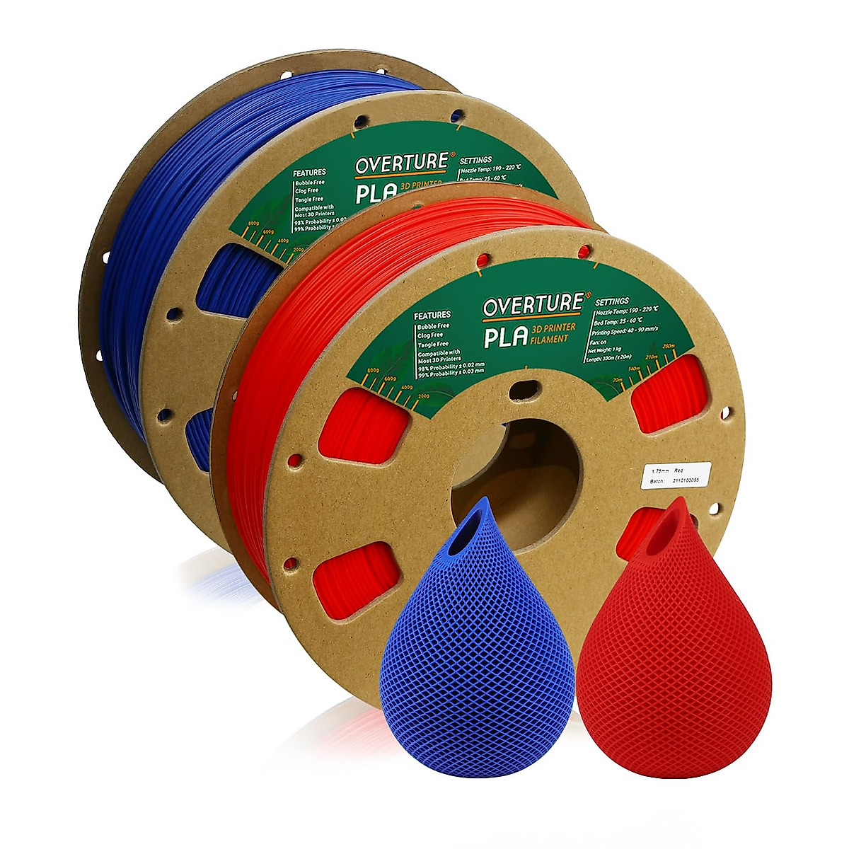 OVERTURE 3D Printer Filament PLA Filament 1.75mm, 2kg Cardboard Spool (4.4lbs), Fit Most FDM 3D Printers,Dimensional Accuracy +/- 0.03mm(Red + Blue)