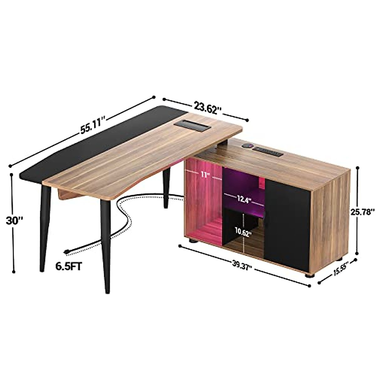 Unikito L Shaped Desk with File Cabinet & Power Outlet, 55 Inch Large Corner Computer Desks with LED Strip, L-Shaped Computer Desk with Door and Storage Shelves for Home Office, Rustic Walnut