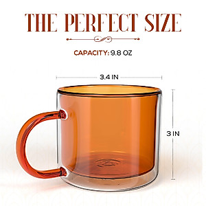 elle decor Double Wall Coffee Mug | Set of 2 | 10-Ounce | Cute Coffee, Tea, and Milk Glass Mugs with Handle | Insulated Tea Cup | Gift Set for Valentines Day, Birthday, & Holidays (Amber)