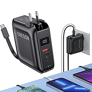 ENEGON 15000mAh Portable Phone Charger, Small Fast Charging Power Bank with Built-in AC Wall Plug and Cable, 3 Outputs & Dual Inputs, USB-C PD&QC 3.0 External Battery Pack for iPhone & Android