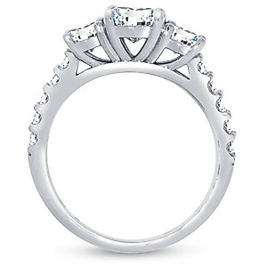 Solid 14k White Gold CZ Cubic Zirconia 3 Three Stone Bridal Engagement Ring w/Matching Wedding Band Two Ring Set - Round Brilliant Cut Solitaire with Round Side Stones (3.0cttw, 1.0ct. Center)