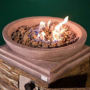 COSIEST Outdoor Propane Fire Pit Table w Faux Brown Compact Ledge Stone 20-inch Square Base and Faux Rose-Marble Round Bowl, 40,000 BTU, Free Lava Rocks, Fits 20lb Tank Inside, Raincover
