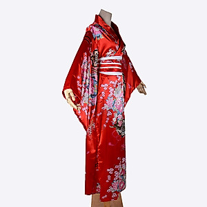 Women Japanese Kimono Robe Sweet Floral Patten Japanese Kimono Cosplay Dress Outfit Women Silk Satin Bathrobe Sleepwear (Long Kimono Red)