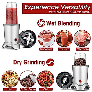 1200W Personal Bullet Blender for Shakes and Smoothies, Regenerate Nutri Aluminum Large Capacity Mixer with Blending & Grinding Blades for Kitchen, Tritan 34+17 Oz Travel Bottles for Fruits, Vegetables, Coffee, Countertop, Silver