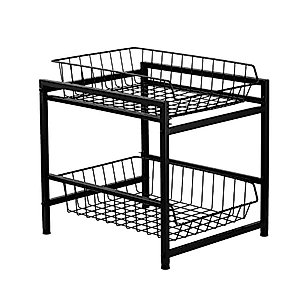 Kixue 2 Tier bathroom organizer，Metal kitchen organizer，Under sink organizer with Sliding Storage Drawer，Pull out cabinet organizer