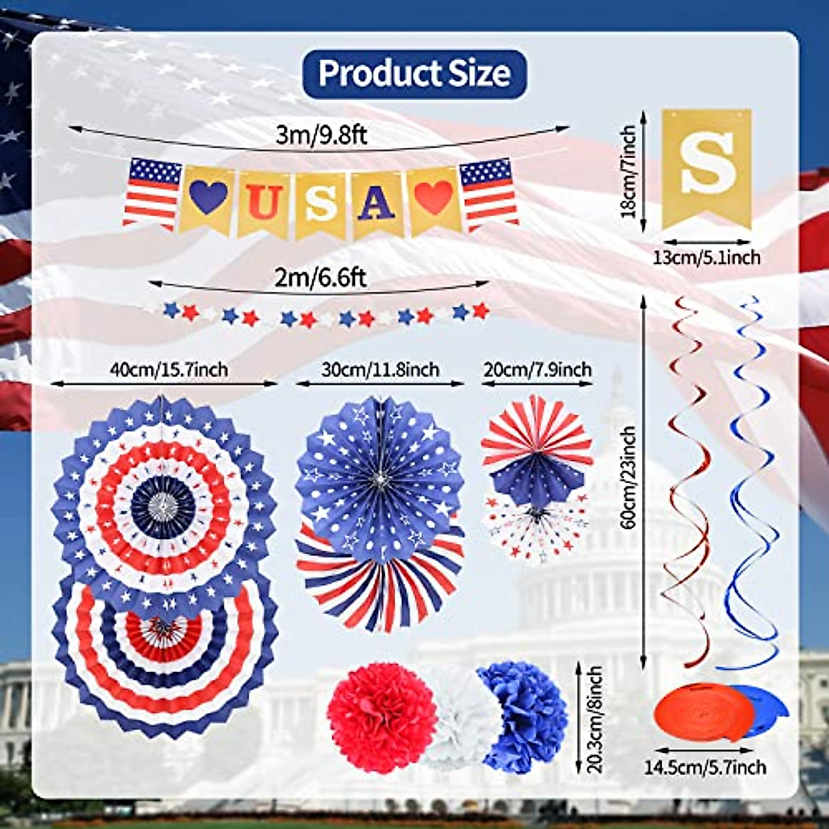 26 Pieces 4th/Fourth of July Decorations Set - Red White Blue American Flag Hanging Honeycomb Paper Fans, Pom Poms, Swirls, USA Banner, Star Garland Patriotic Independence Day Outdoor Party Supplies