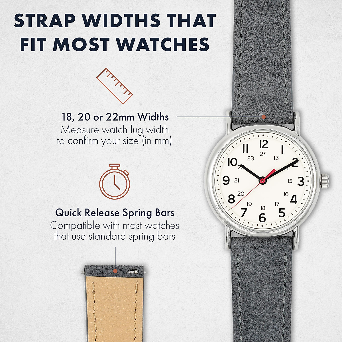 Benchmark Suede 20mm Leather Watch Band – 20mm Quick Release Watch Band with Stainless-Steel Buckle & 9 Adjustable Holes – Grey Leather Watch Bands for Men & Women (20mm, Grey)