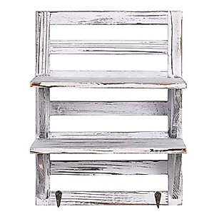 RHF Rustic Wall Shelf, Wood Wall Shelves, Hanging Shelf Organizer Rack, Decorative Floating Shelves for Living Room, Bathroom, Kitchen, Office - 2 Hooks 2-Tier (White)