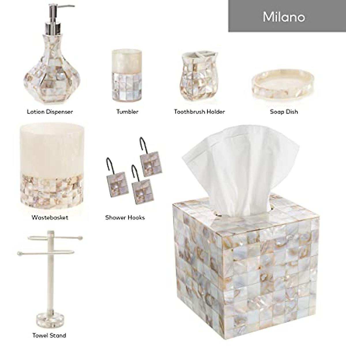 Creative Scents Decorative Bathroom Accessories Set - 4 Piece Bathroom Accessory Set Covered with Natural Mother of Pearl Shells Includes: Soap Dispenser, Toothbrush Holder, Tumbler and Soap Dish