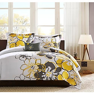 Mi Zone Allison Comforter Set Fun Bedroom Décor - Modern All Season Floral Vibrant Color Cozy Bedding Layer, Matching Sham, Decorative Pillow, Twin/Twin XL, Yellow/Grey 3 Piece
