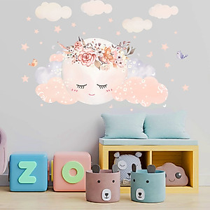 Smiling Moon Cloud Wall Decals Stickers, ULENDIS Removable Flying Birds Stars Wall Stickers, Peel and Stick Pink Clouds with Wreath Wall Art Decor for Home Dorm Party Nursery