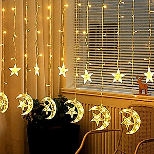 FUNPENY Solar Star and Moon Fairy String Lights 138LED 8 Lighting Modes Outdoor/Indoor Waterproof Twinkle Curtain Light for Backyard Garden Patio Home Ramadan Decoration