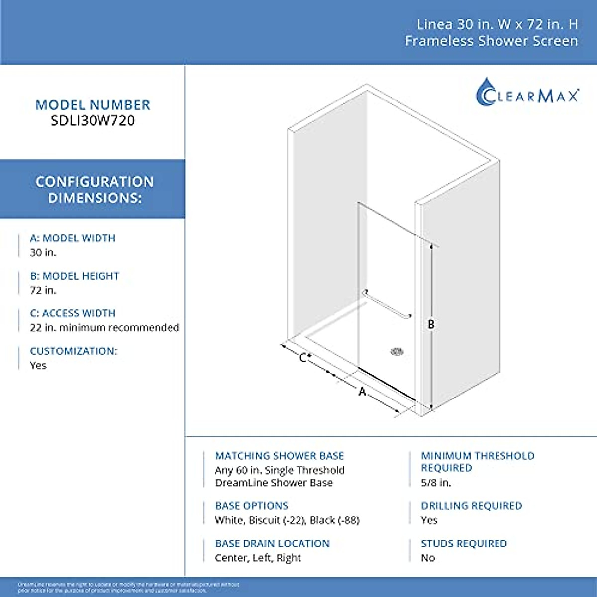 DreamLine Linea 30 in. W x 72 in. H Frameless Shower Screen in Chrome