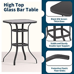 Amopatio 5 Piece Patio Bistro Set with 4 Bar Chairs and Glass Table, All-Weather Textilene Patio Bar Stools, Sturdy Outdoor High Top Table and Chairs for 4 for Backyard, Porch, Balcony, Brown