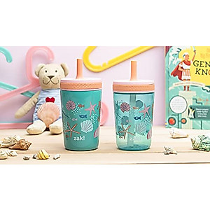 Zak Designs Shells Kelso Tumbler Set, Leak-Proof Screw-On Lid with Straw, Bundle for Kids Includes Plastic and Stainless Steel Cups with Bonus Sipper (3pc Set, Non-BPA) 15 fl.oz.