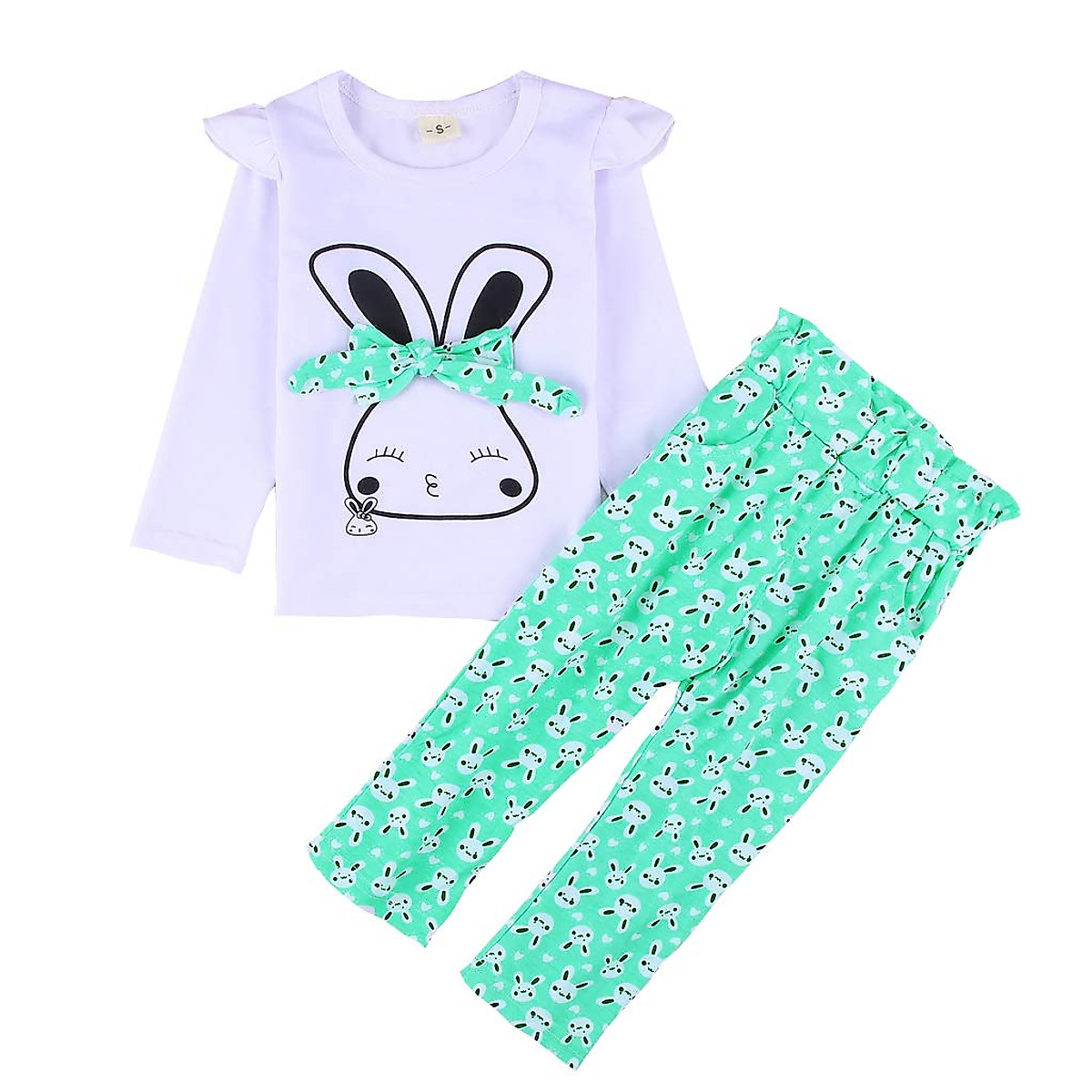 CM C&M WODRO Toddler Kids Baby Girls Easter Outfits Long Sleeve T-Shirt Tops Pants Bunny Clothing Sets (Green, 18-24 Months)